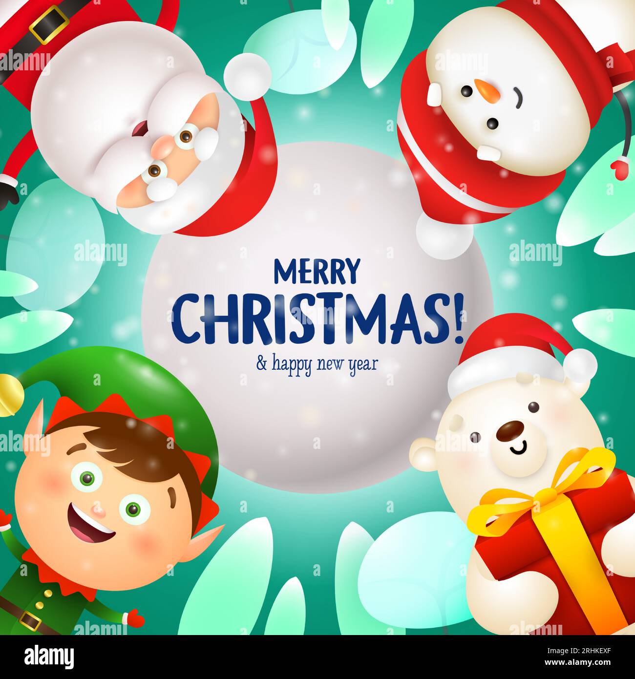 Merry Christmas lettering, Santa Claus, elf, polar bear, snowman Stock ...