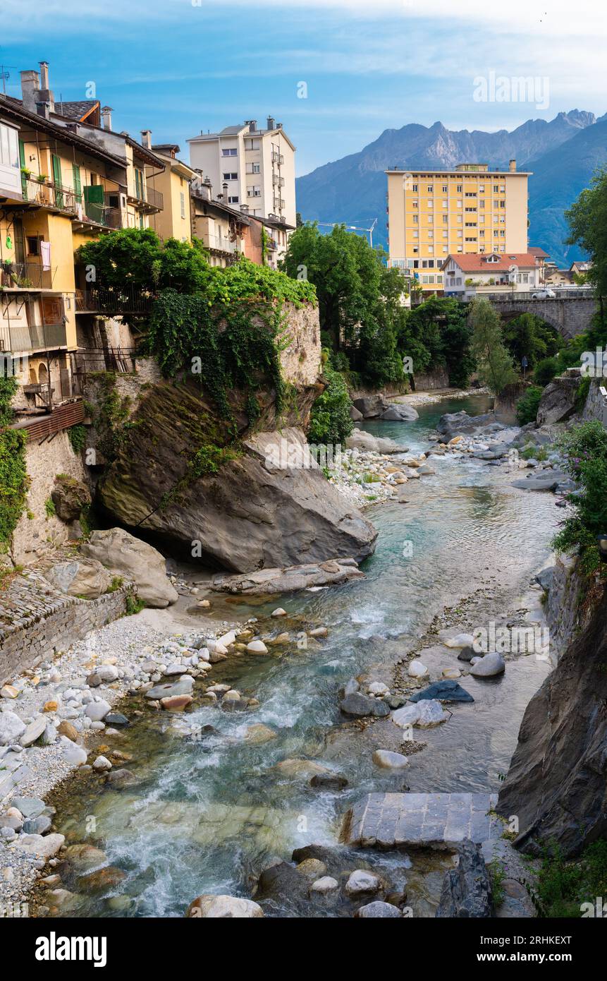 River Mera and the old town of Chiavenna, an Italian commune and a ...