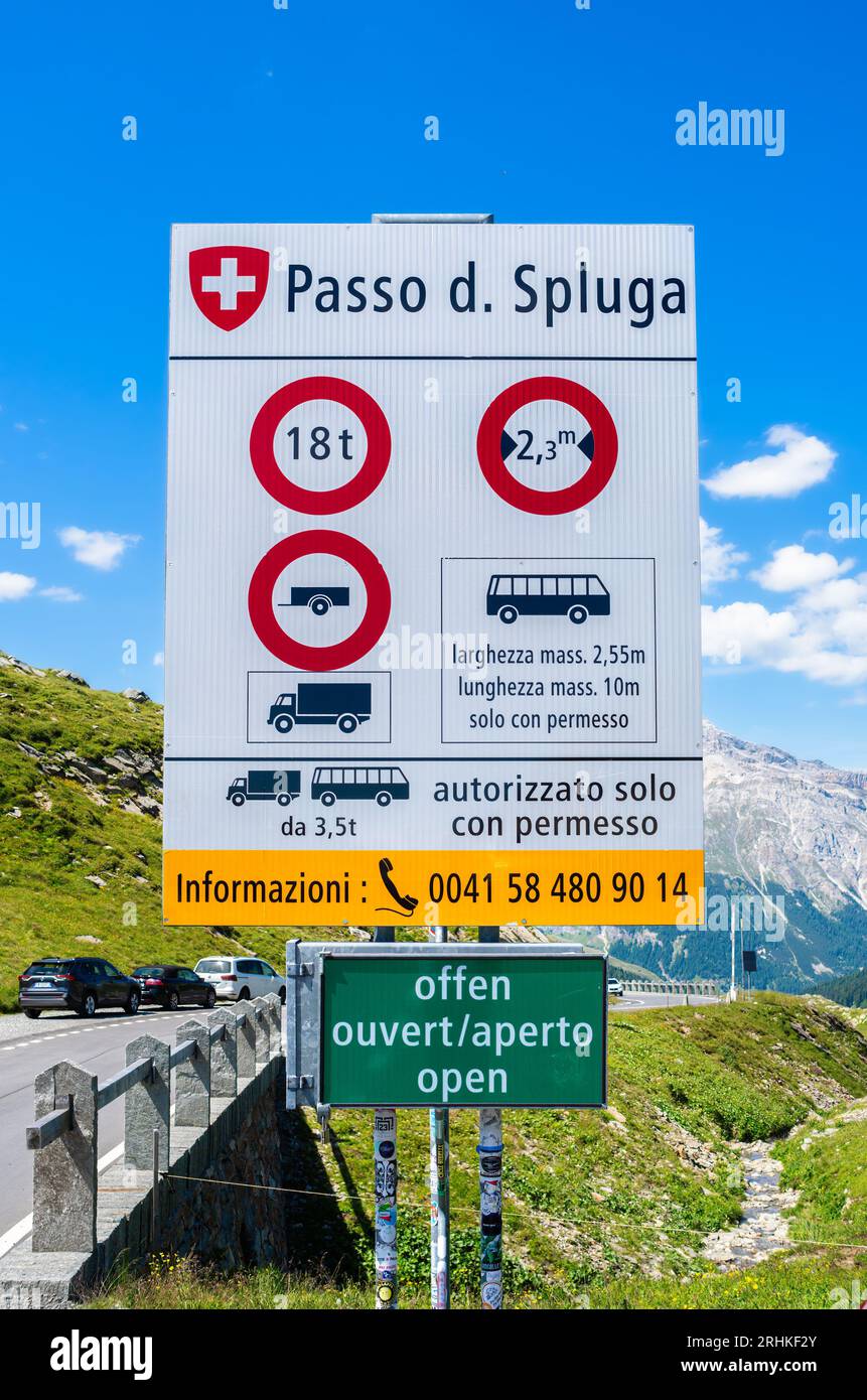 Splugenpass, Switzerland - July 9, 2023: The Splugenpass road connects ...