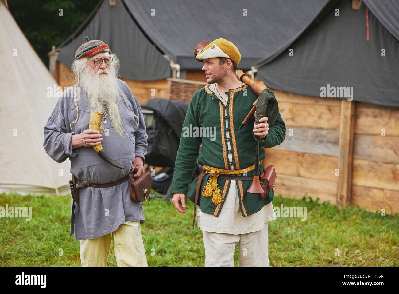 Hojbjerg, Denmark, July 29, 2023: Men in ancient costumes at the Viking ...