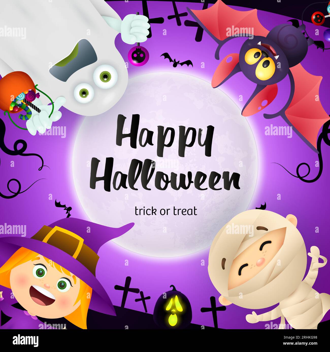 Happy Halloween lettering, bat, ghost, mummy and witch Stock Vector ...