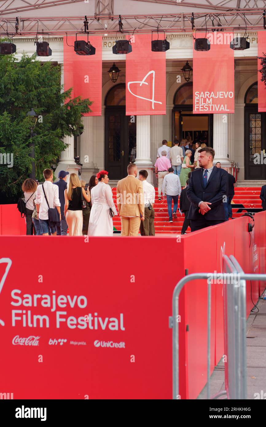 Guests arrive at the Sarajevo Film Festival with security watching on, Festival Square, National ...