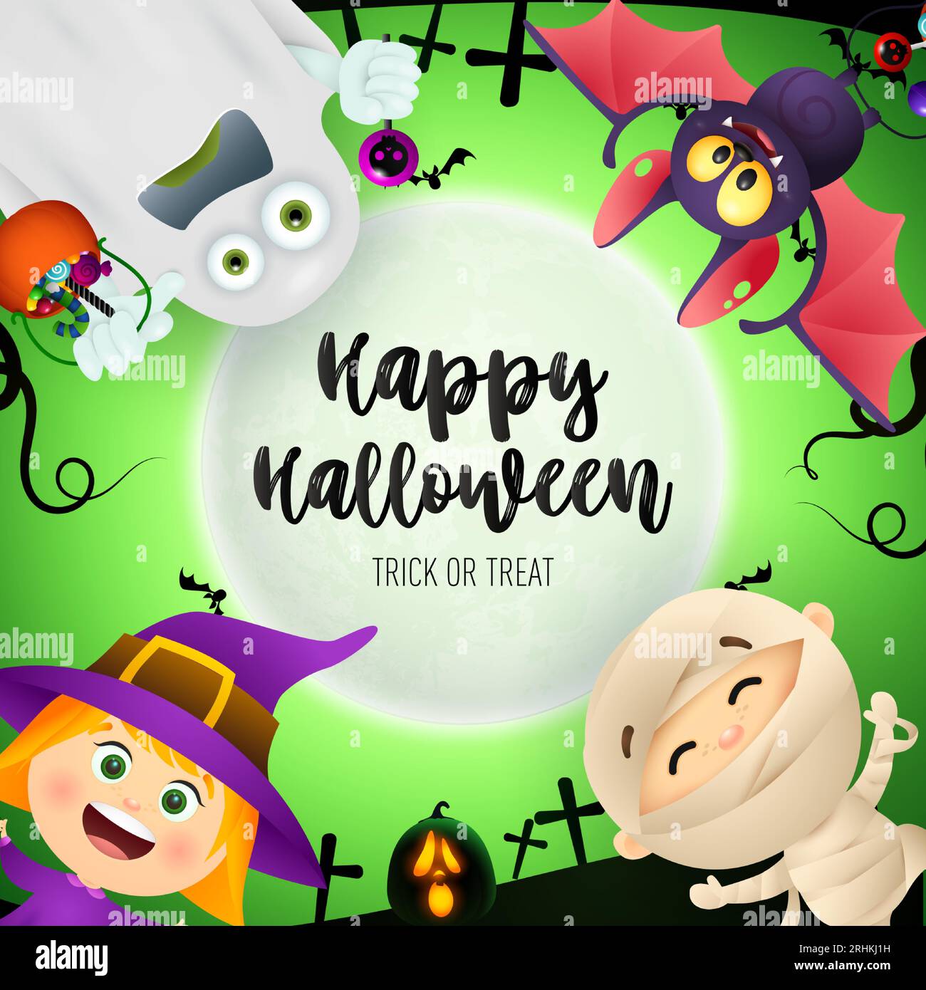 Happy Halloween lettering, bat, ghost, kids in monsters costumes Stock ...