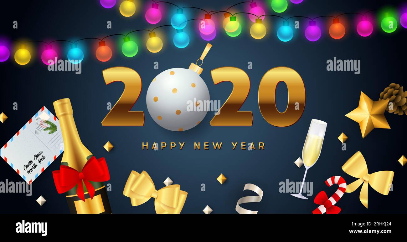 Happy New Year 2020 lettering with lights garlands, champagne Stock ...