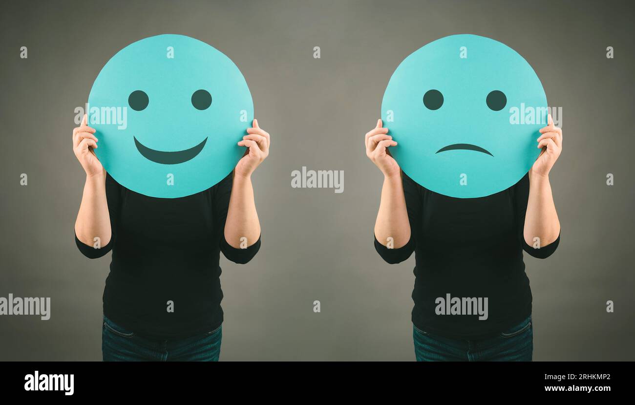Head with a sad and a happy face, mental health concept, positive and ...