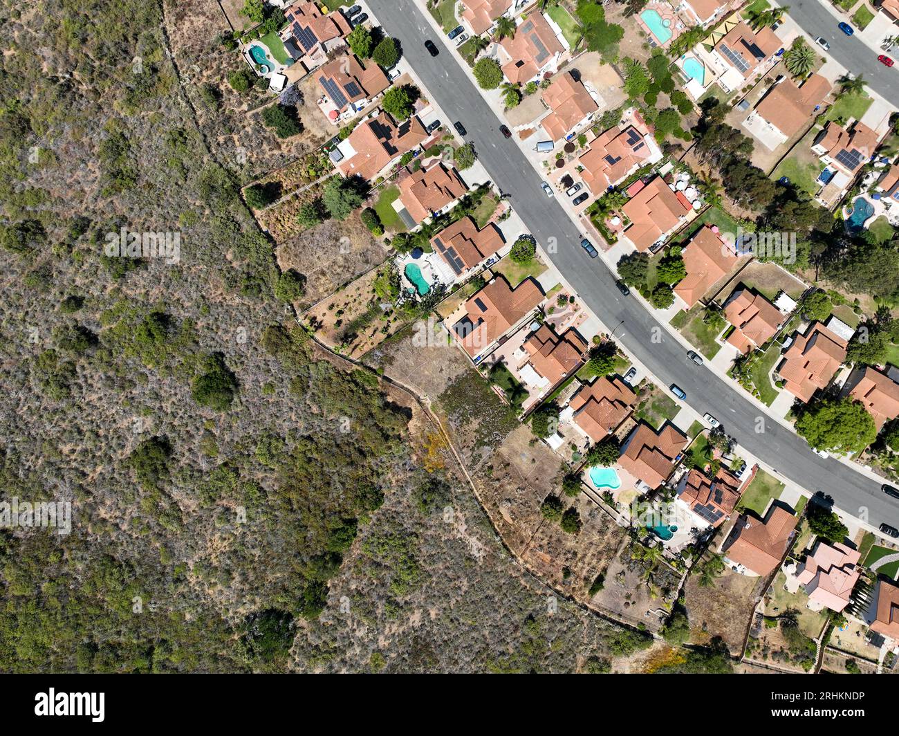 Aerial view of small city Poway in suburb of San Diego County ...
