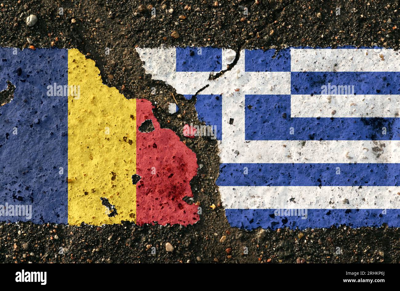 On the pavement are images of the flags of Romania and Greece, as a ...