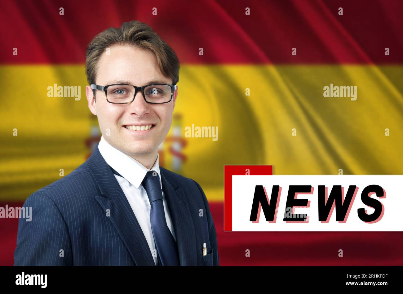 News anchor, tells the latest news, smiling, against the background of ...