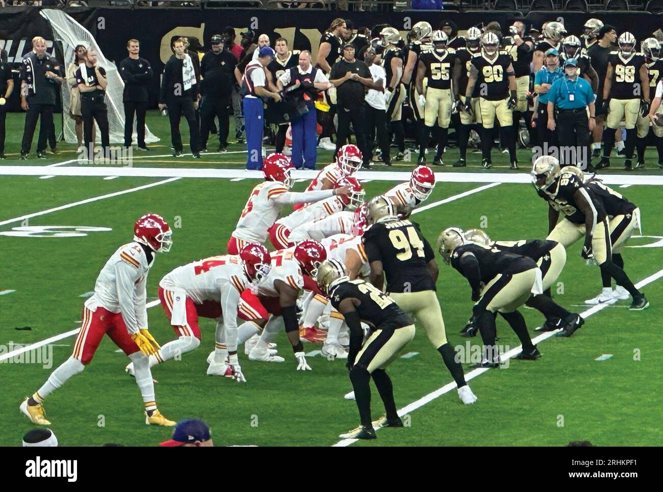 Kansas City Chiefs quarterback Patrick Mahomes (15) signals a play call ...