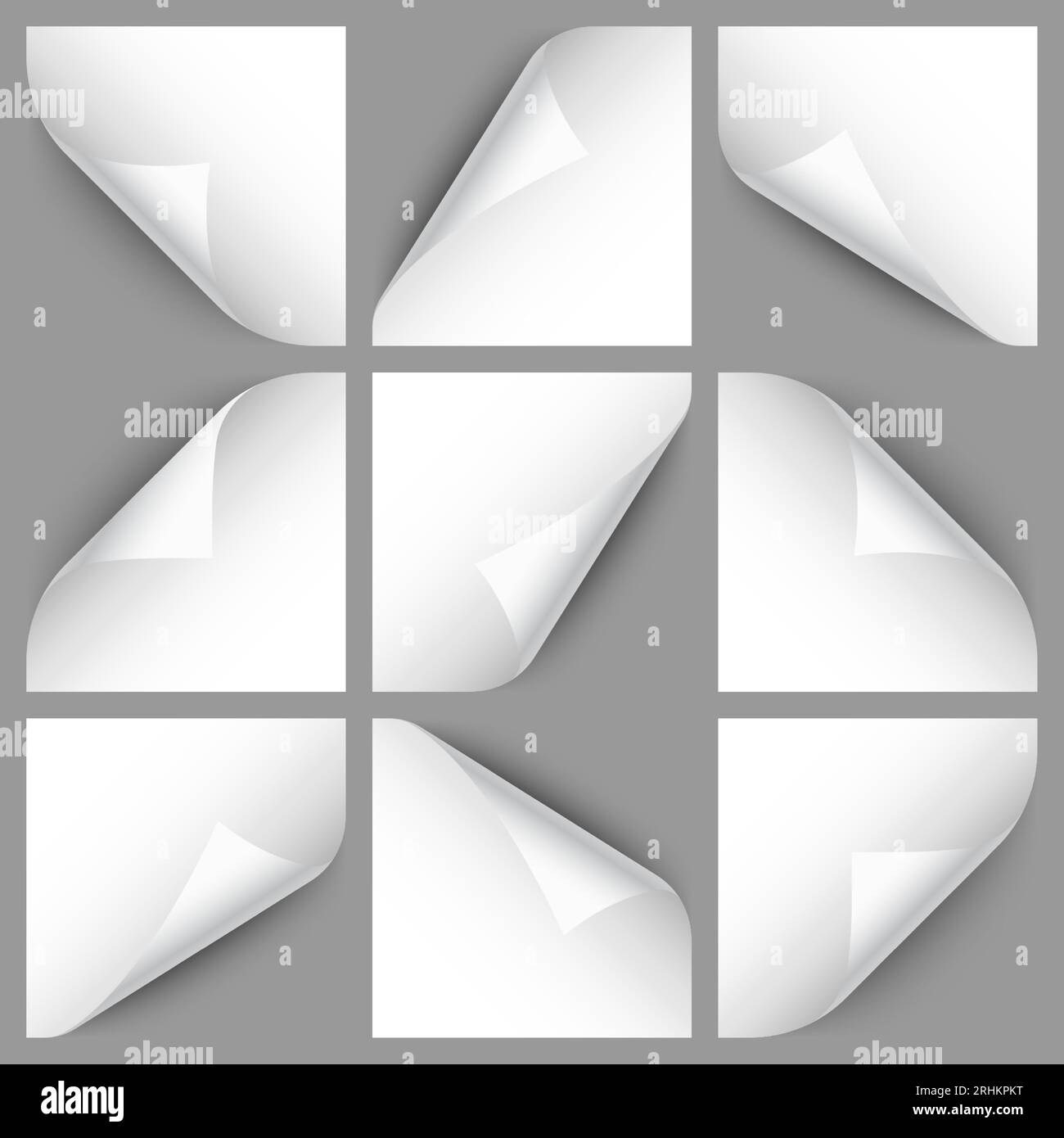 Set of white paper curls. Curled page corner with shadow. Blank sheet ...
