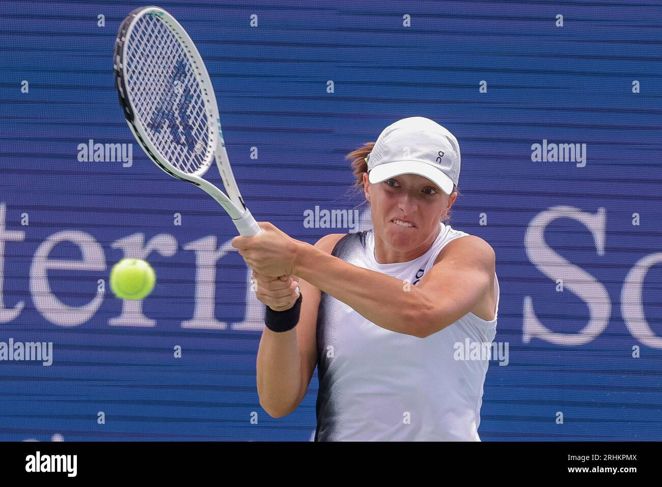 August 17, 2023, Mason, Ohio, USA: Iga Swiatek (POL) hits a two-handed ...