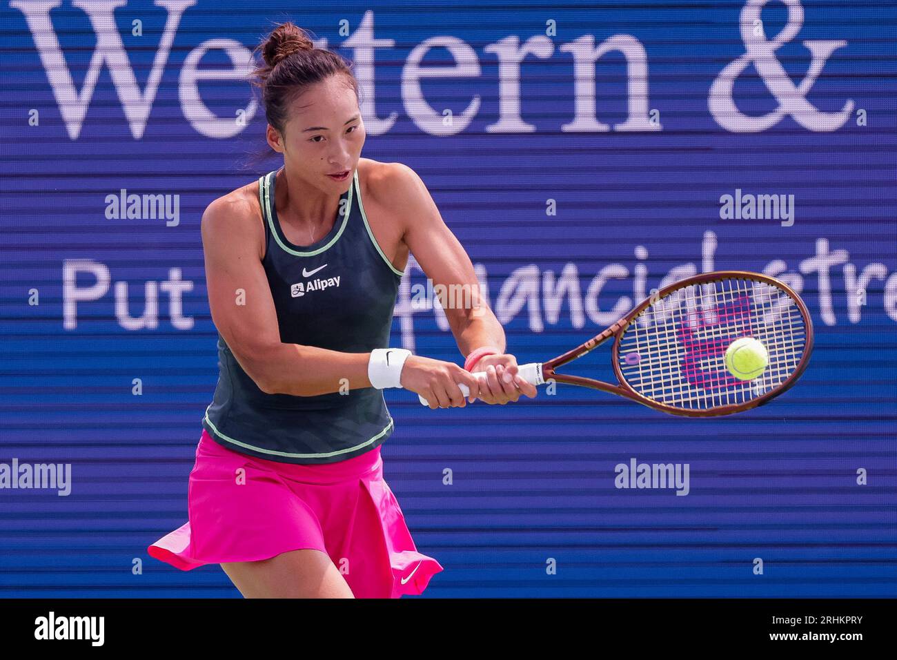 August 17, 2023, Mason, Ohio, USA: Qinwen Zheng (CHN) hits a two-handed ...