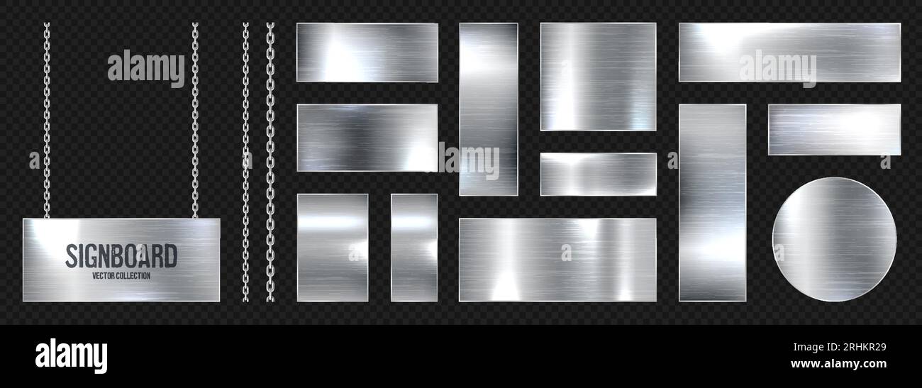 Metal banners hanging on a chain. Realistic shiny steel plate with ...