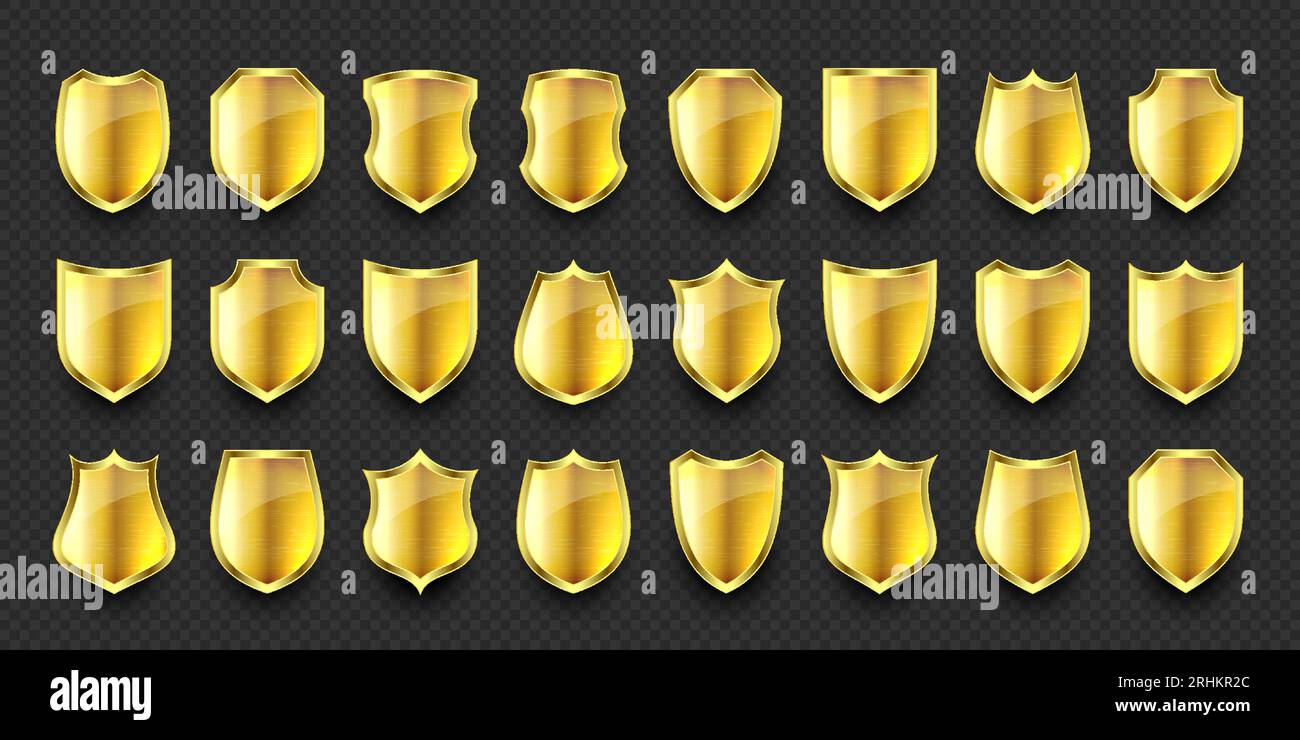 Set of various vintage 3d metal shield icons. Shiny golden heraldic ...
