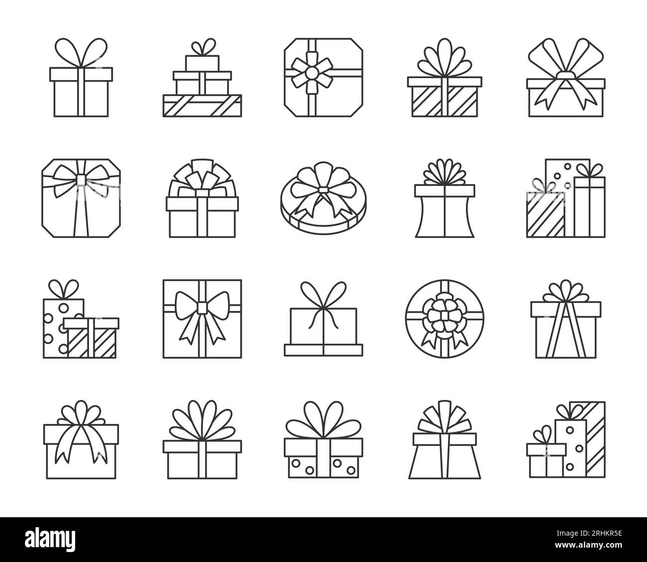 Gift thin line icons set. Outline web sign kit of cute bounty box ...