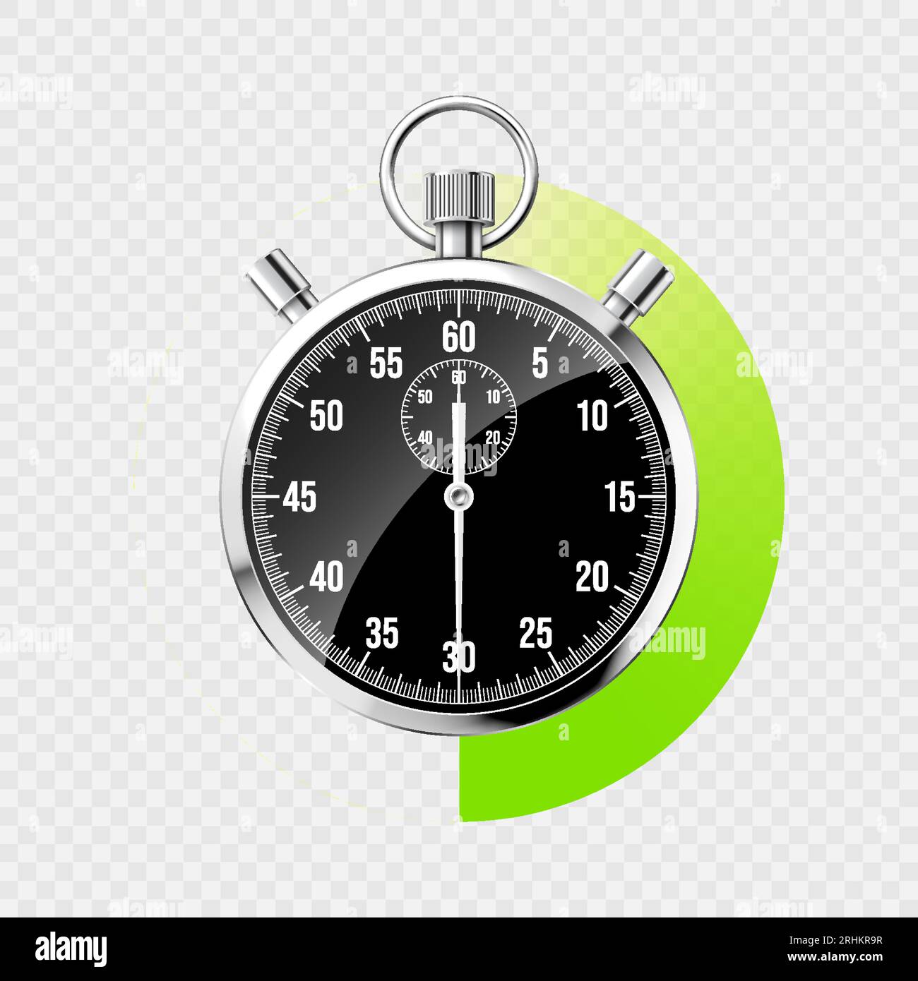 Realistic classic stopwatch. Shiny metal chronometer, black time counter with dial. Green ...