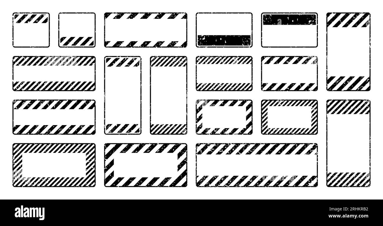 Various black grunge warning signs with diagonal lines. Old attention ...
