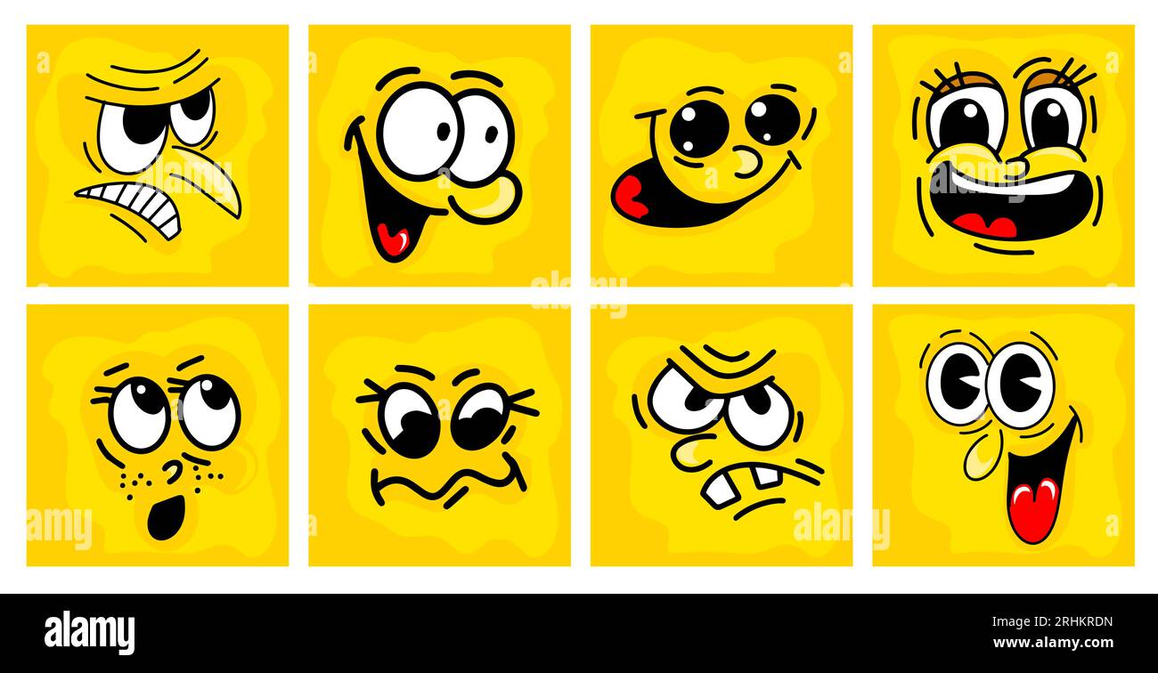 Funny cartoon comic faces on yellow background. Yellow different faces ...