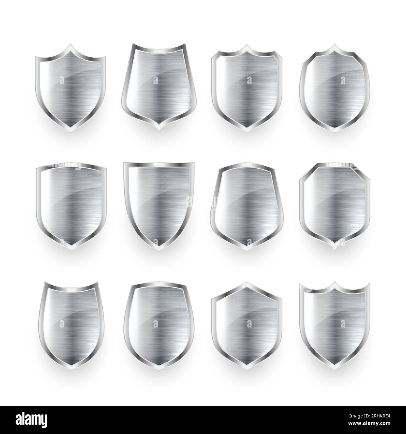 Set of various vintage 3d metal shield icons. Shiny steel heraldic ...