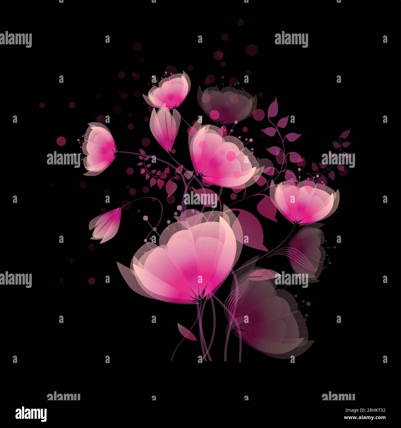 Pink magic flowers on a black background. Vector illustration Stock ...