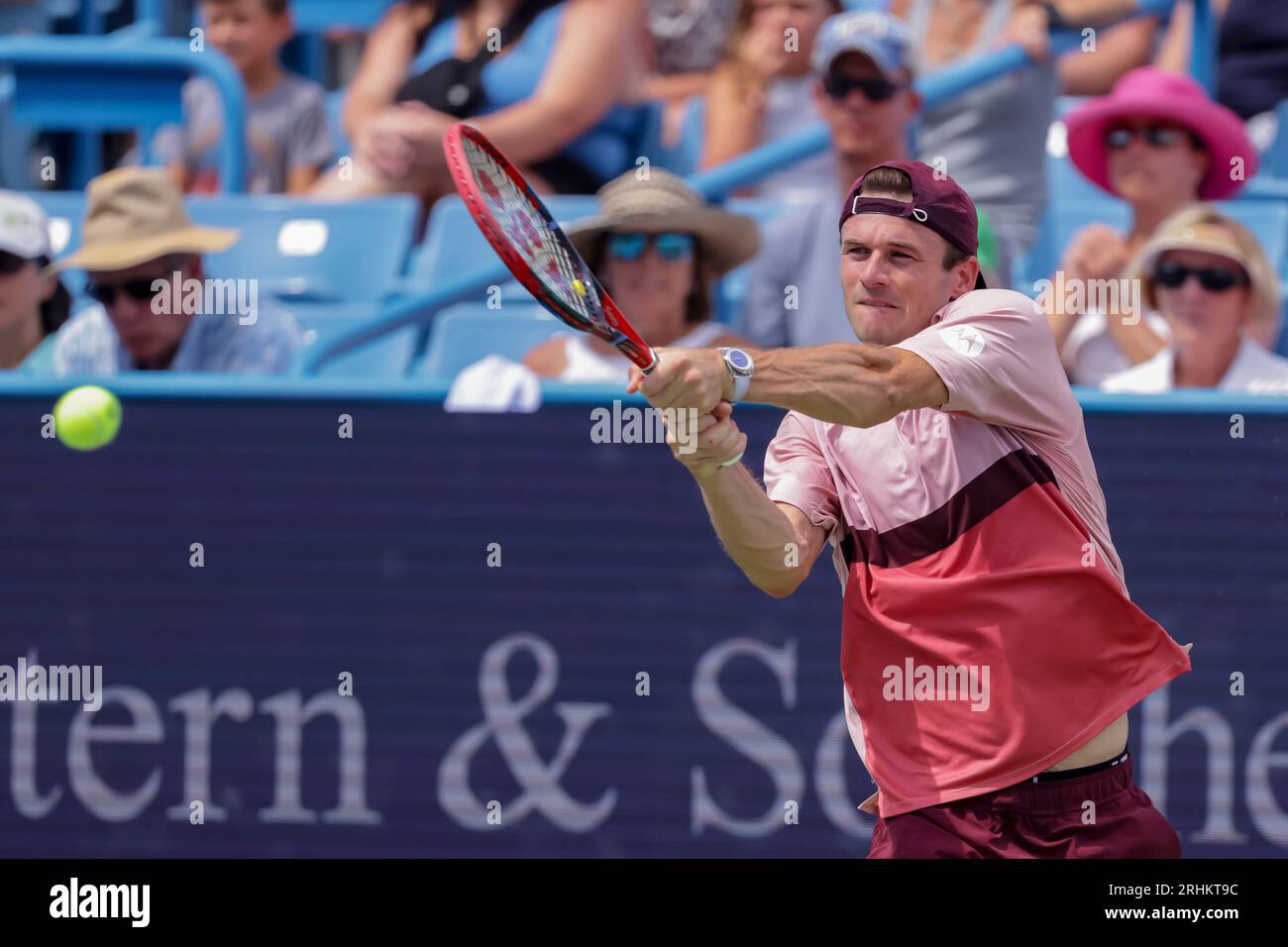 August 17, 2023, Mason, Ohio, USA: Tommy Paul (USA) hits a two-handed ...