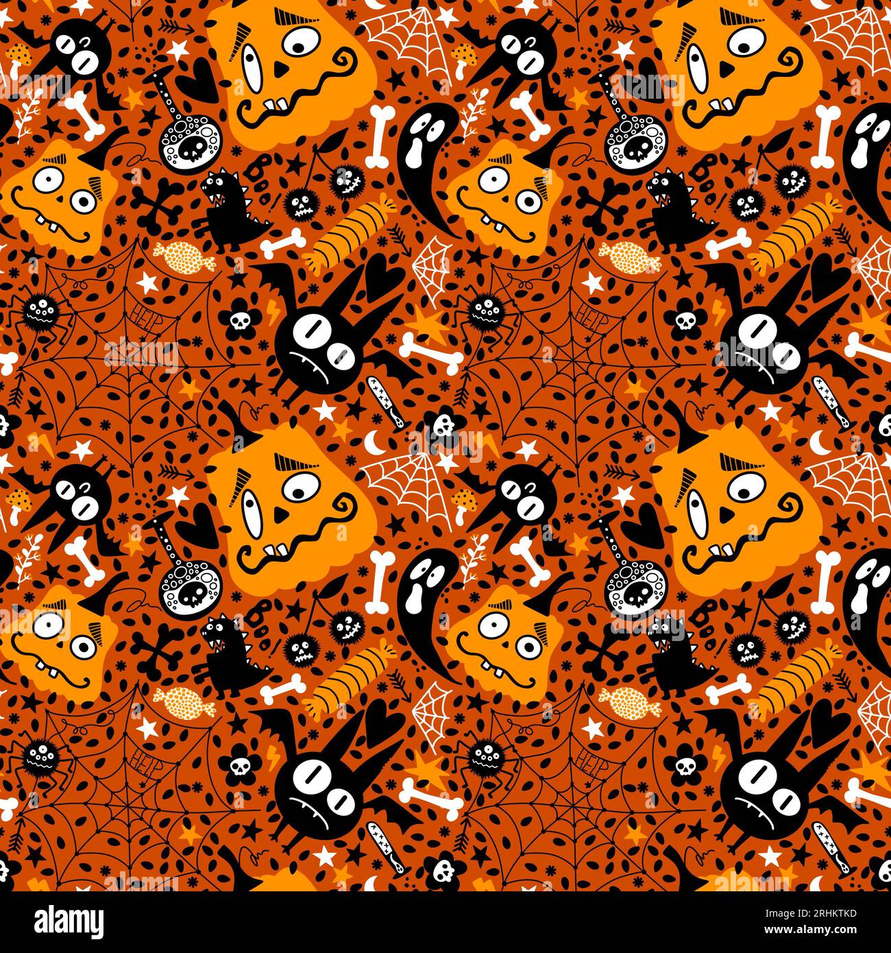 Halloween cartoon pumpkins seamless bat and ghost and candy and web ...