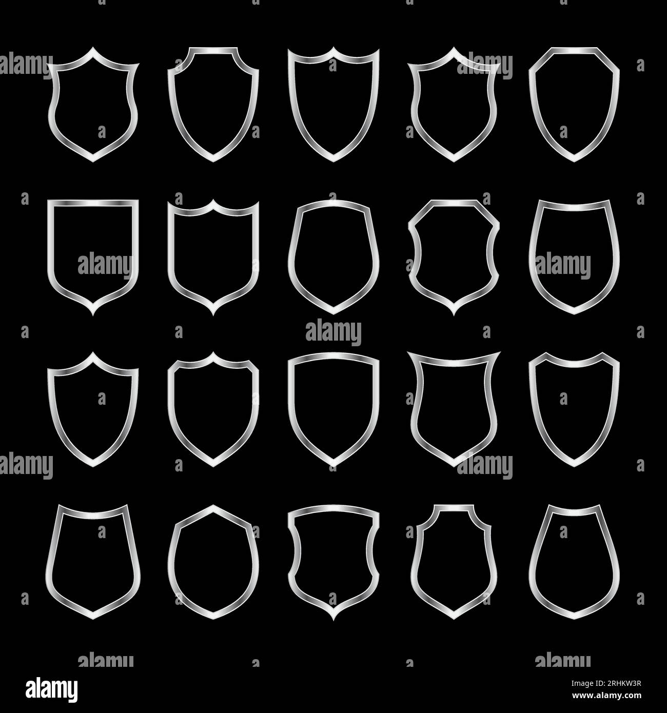 Set of metal vintage shield frames. Shiny silver heraldic shields ...