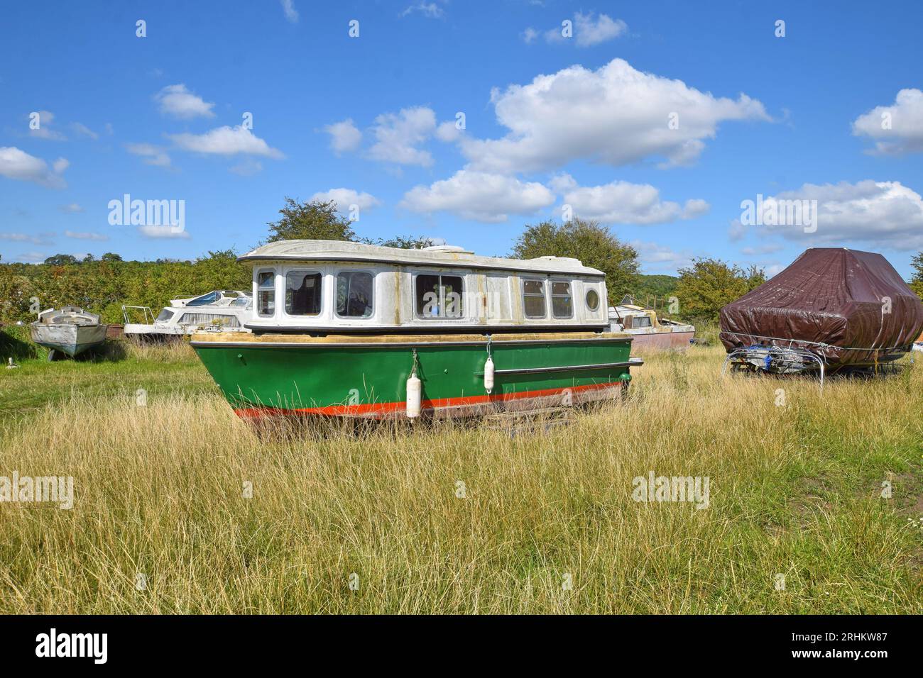 Old river boat in a field at Redhill Marina, Nottinghamshire, UK Stock ...