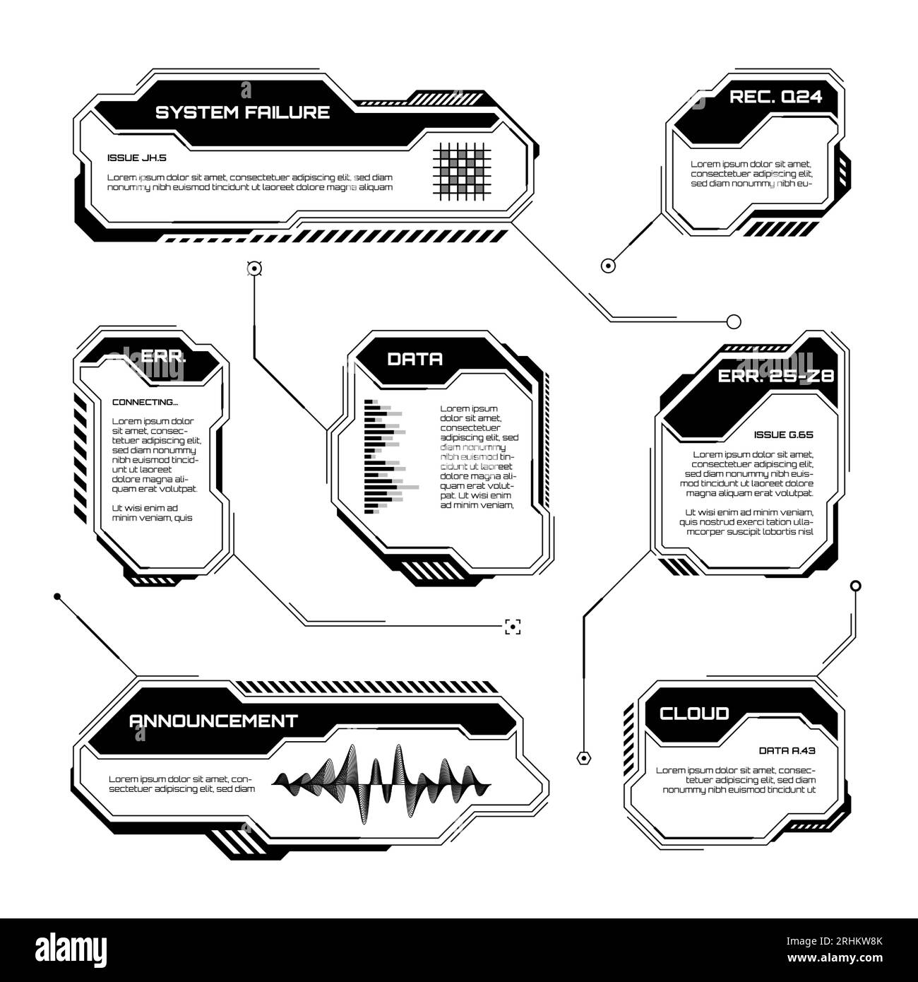 Black futuristic HUD, UI elements. Sci-fi user interface text boxes ...
