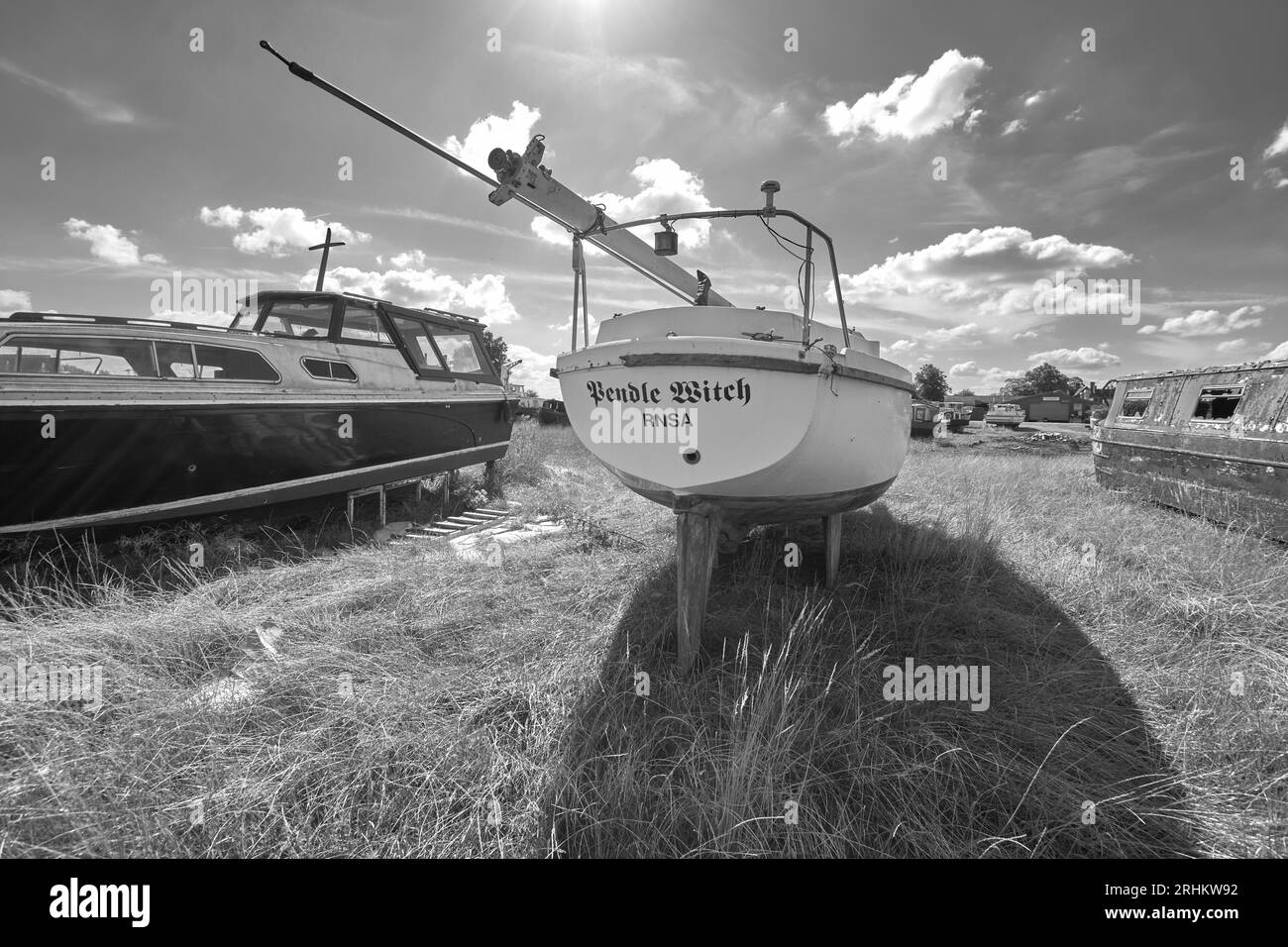 Old river boat in a field at Redhill Marina, Nottinghamshire, UK Stock ...