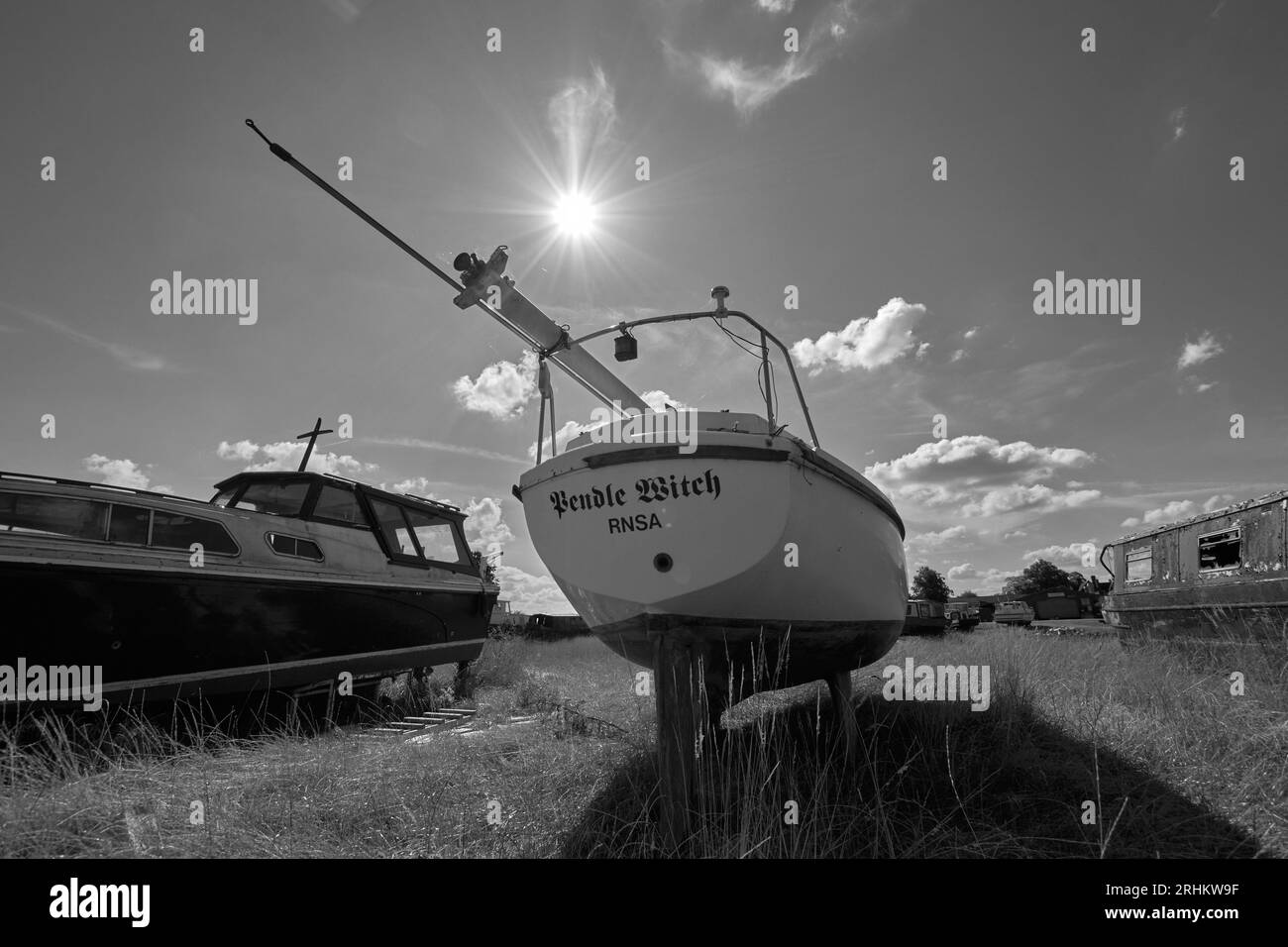 Old river boat in a field at Redhill Marina, Nottinghamshire, UK Stock ...