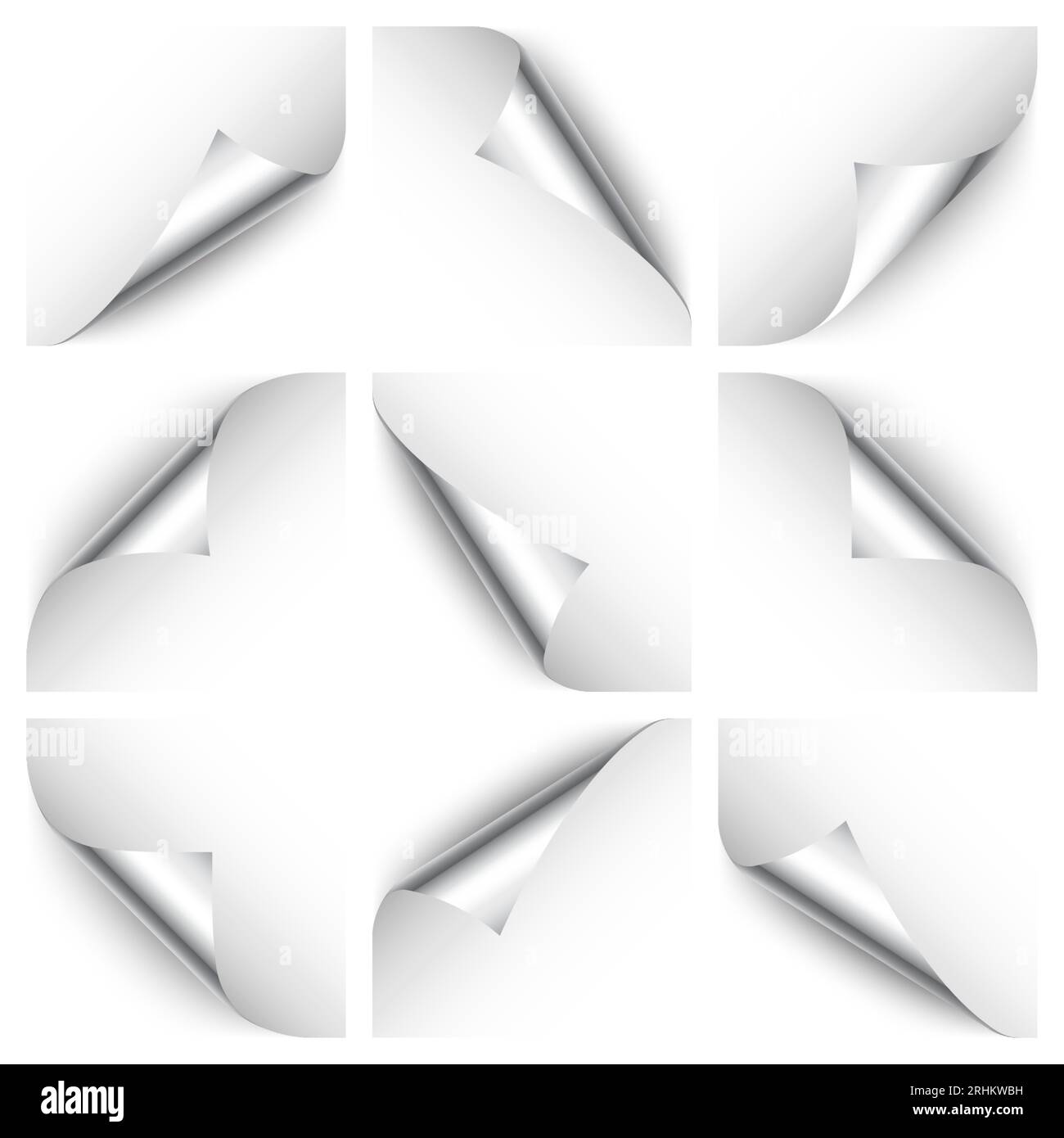 Set of silver paper curls. Curled page corner with shadow. Blank sheet ...