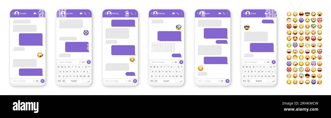 Smartphone messaging app, user interface design with emoji. SMS text ...