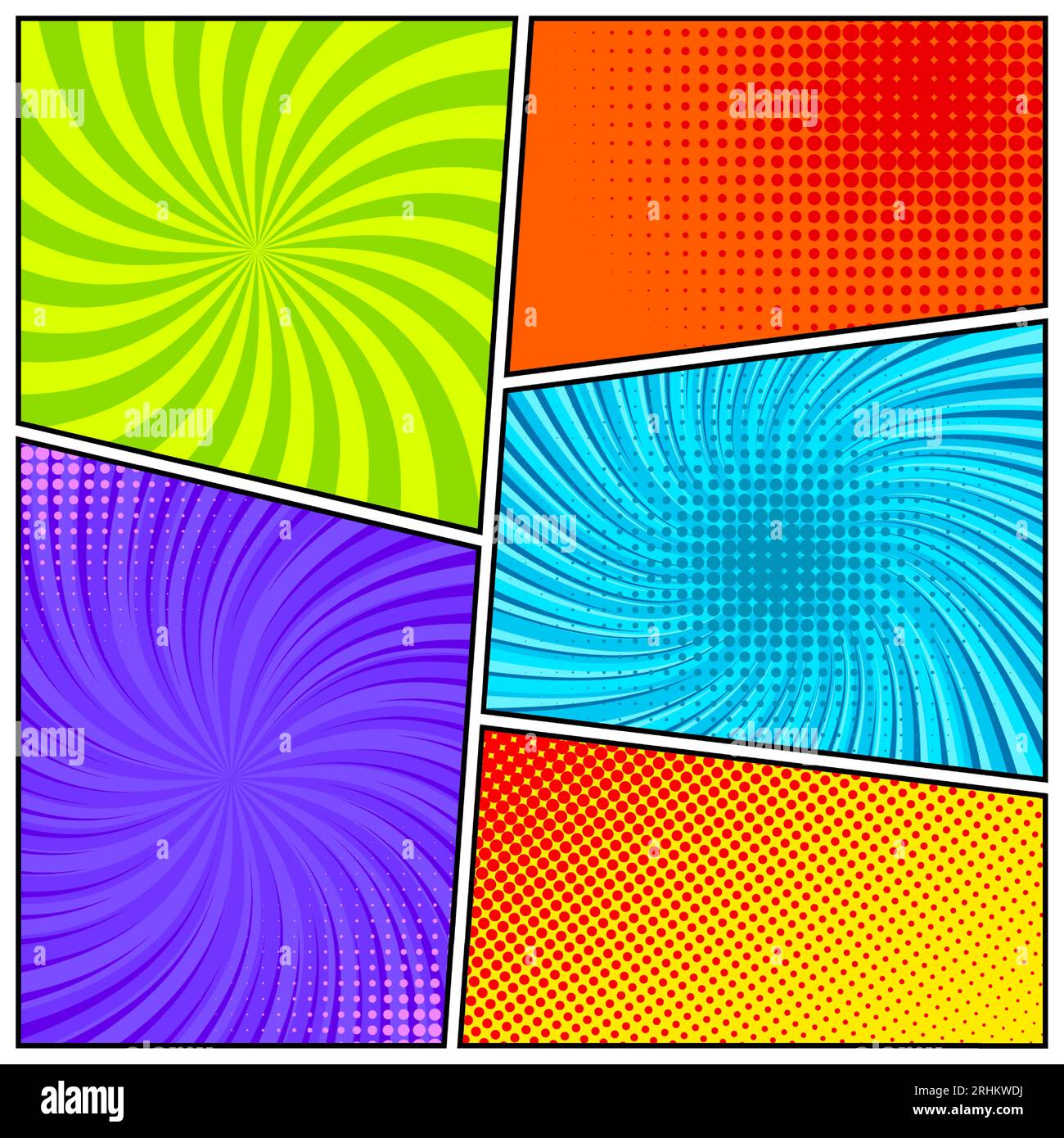 Colorful twisted comic book radial rays, lines. Comics background with ...