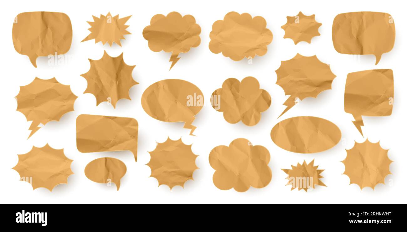 Crumpled paper comic speech bubbles. Hand drawn retro cartoon stickers ...