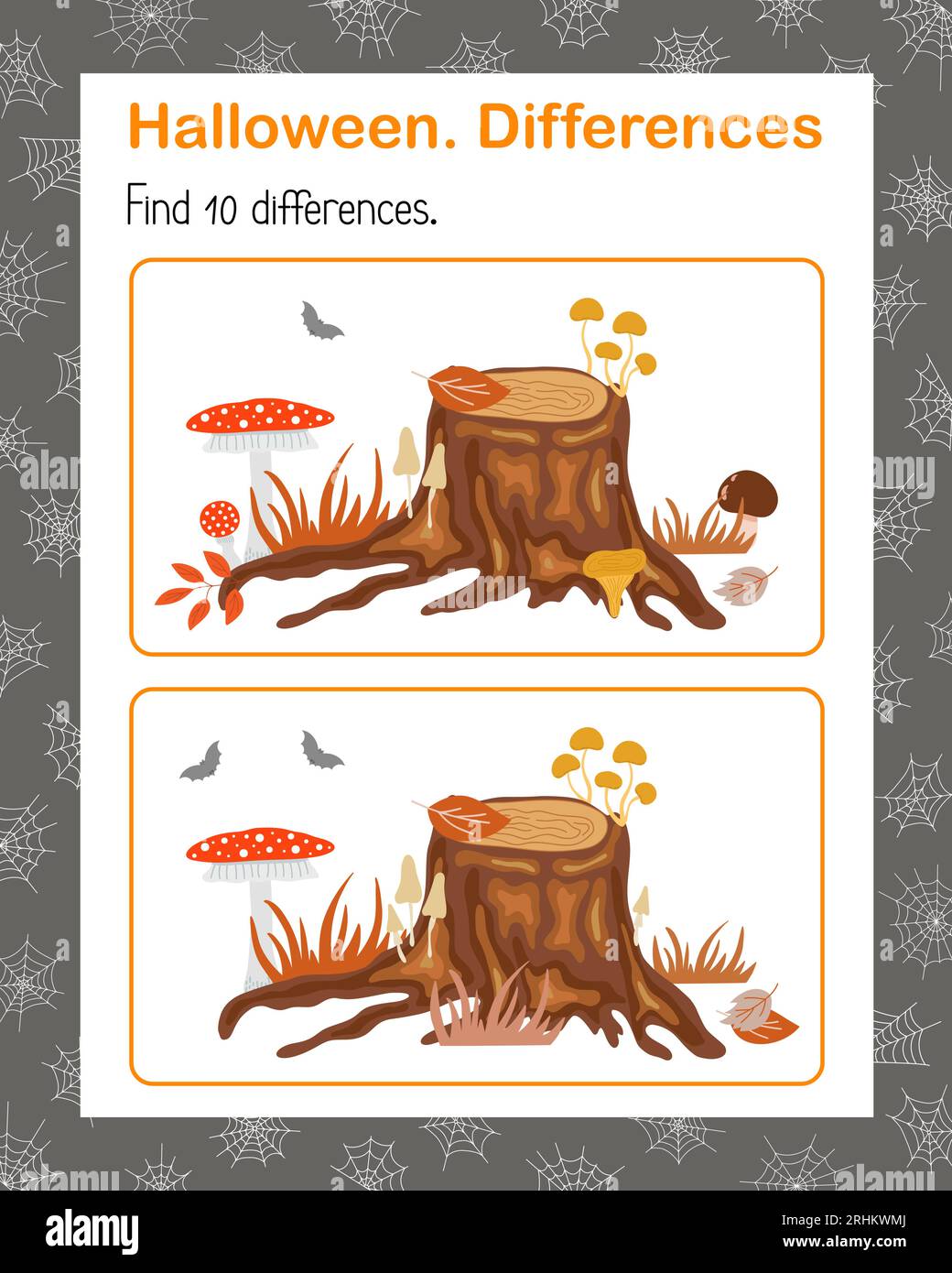 Find differences Halloween fall holiday festive scene of old tree stump ...
