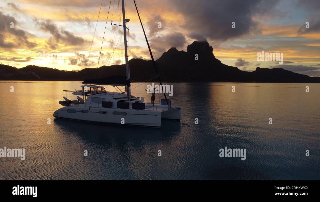Aerial sunset views of the stunning Bora Bora Atoll; French Polynesia ...