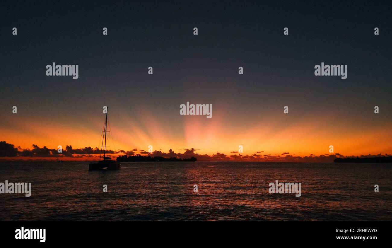 Aerial sunset views of the stunning Bora Bora Atoll; French Polynesia ...