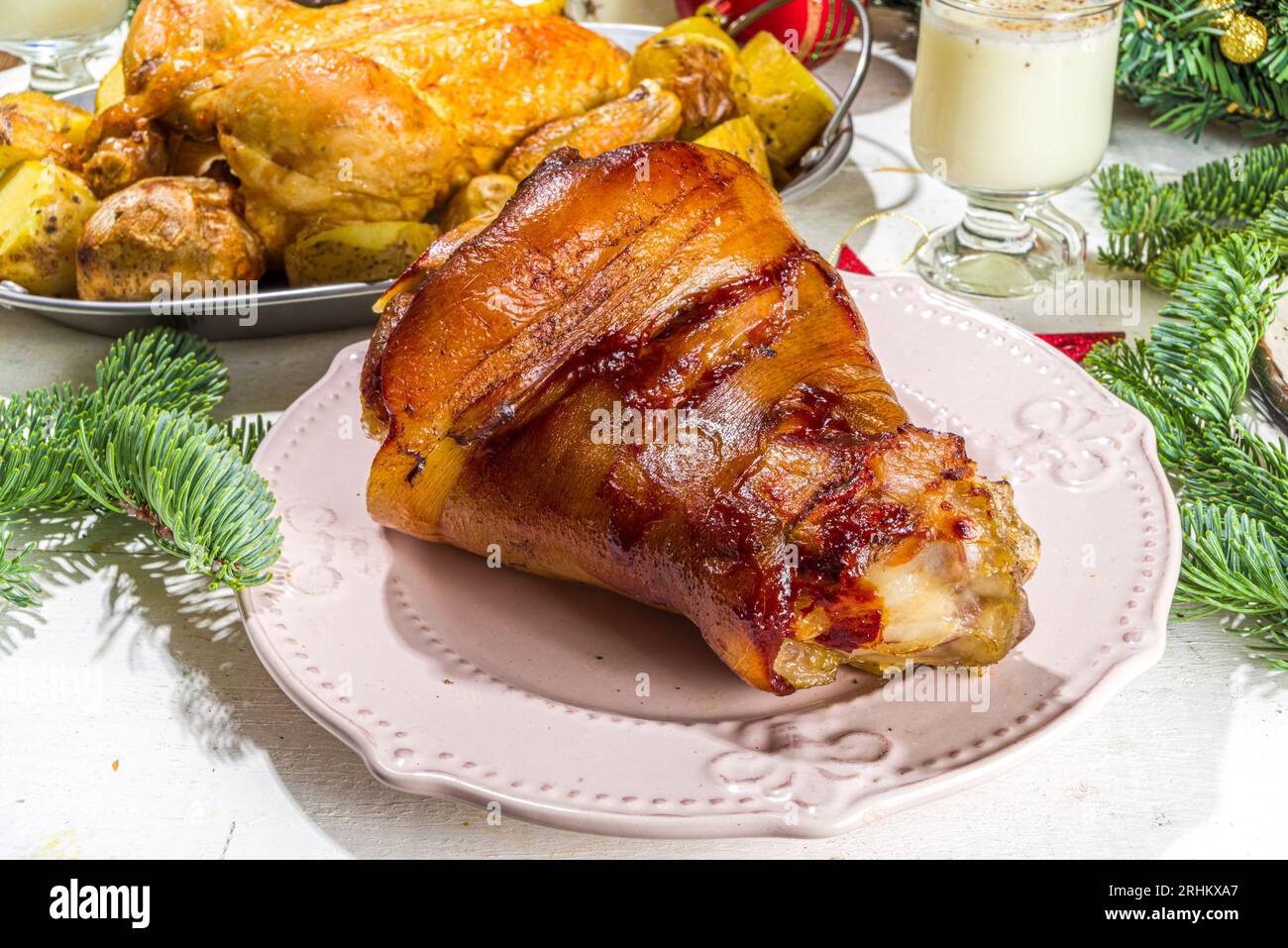 Festive Christmas dinner table with traditional foods and dished ...