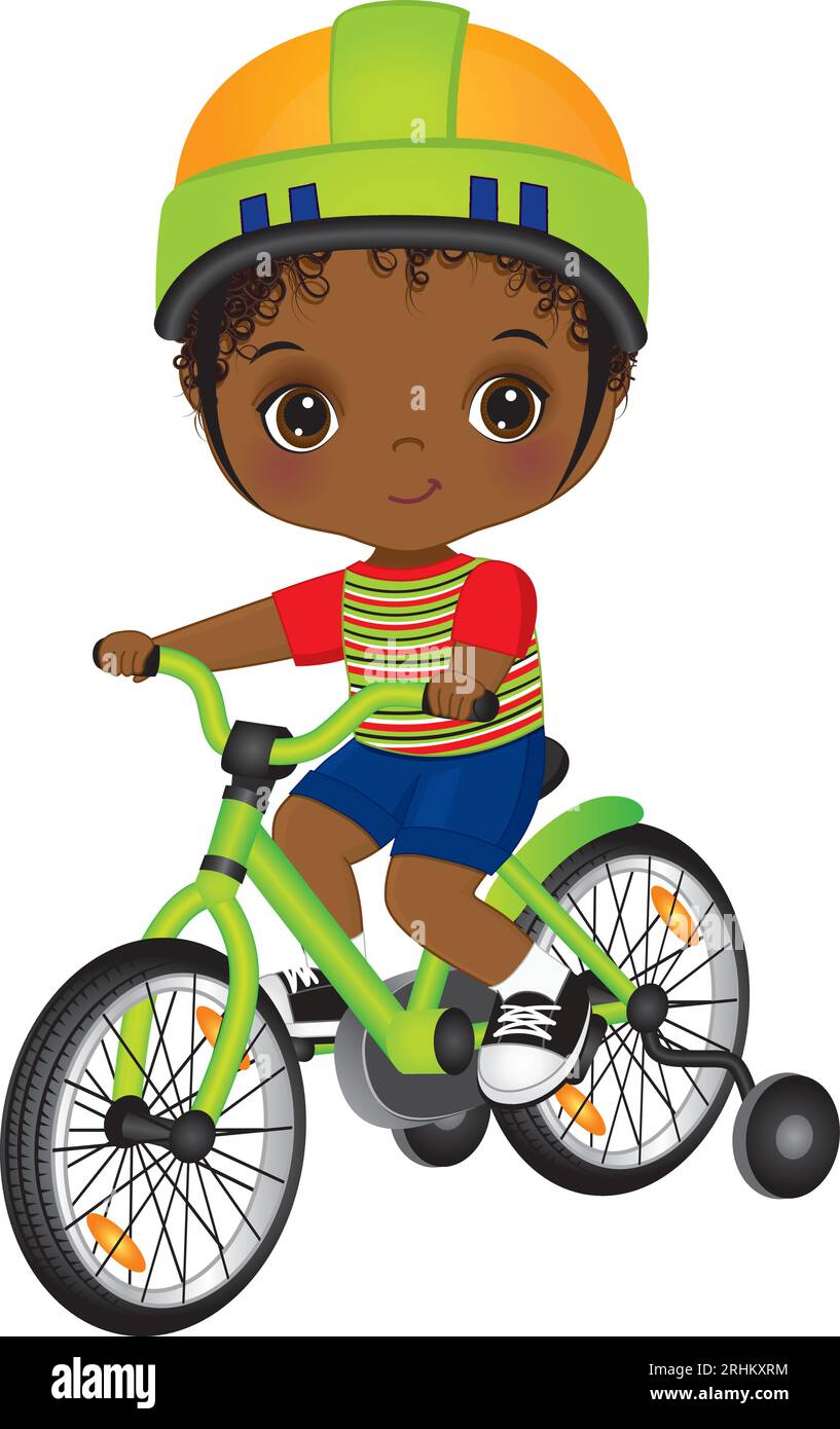 Vector Cute Happy Black Boy Learning to Ride Bicycle Stock Vector Image & Art - Alamy