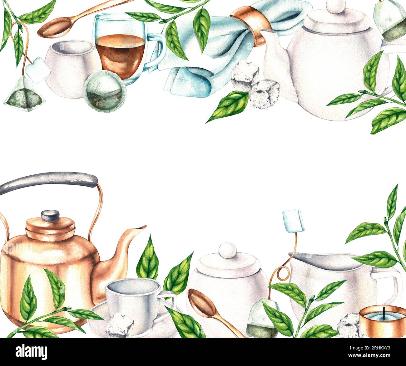 Watercolor frame made of utensils for tea drinking with a tea plant on ...