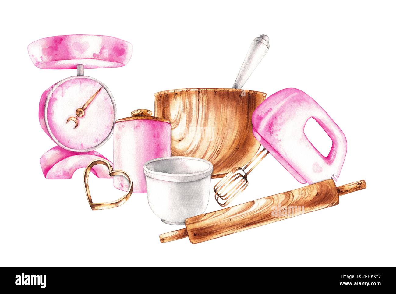 Watercolor composition of baking tools isolated on a white. Pink pastry ...