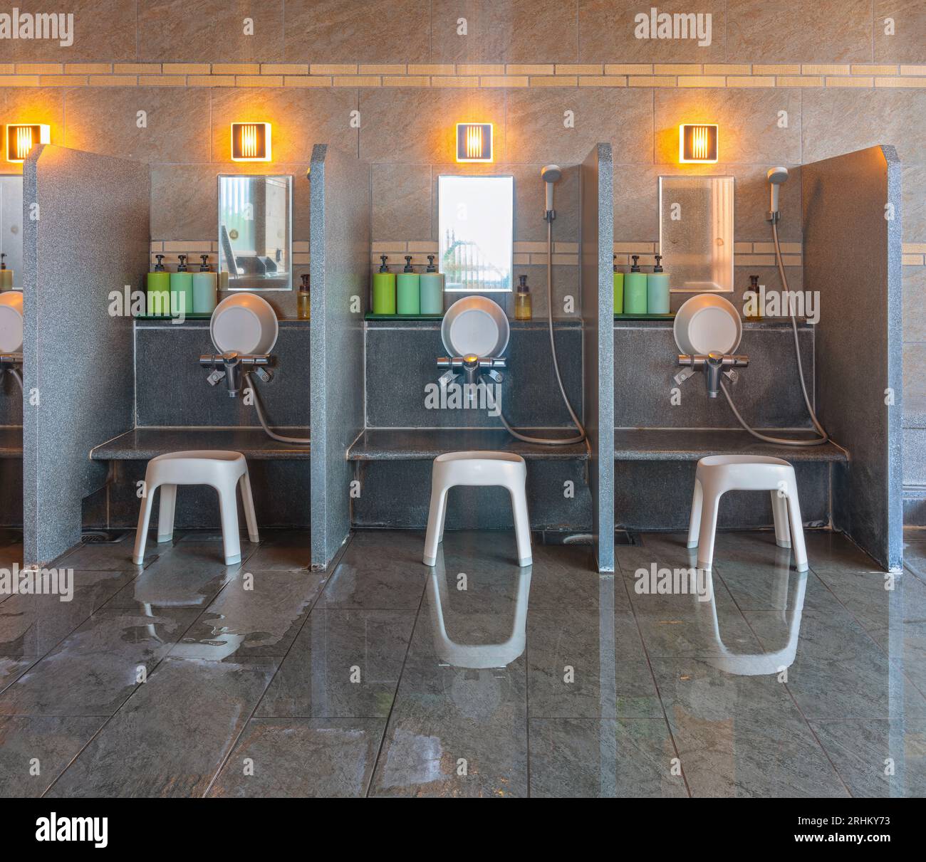 Traditional Japanese indoor onsen hot spring complete with furo-isu ...