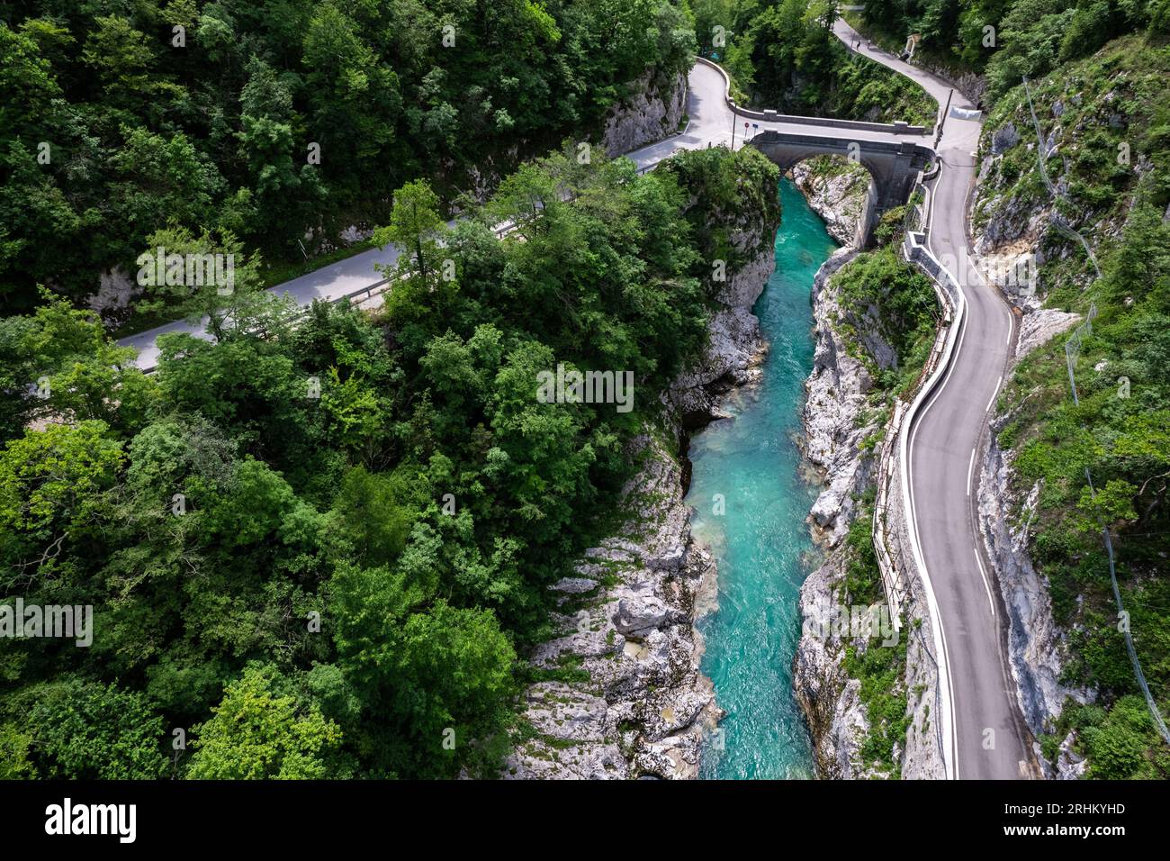 Aerial view of Napoleon Bridge near Kobarid over Soca river in Soca ...