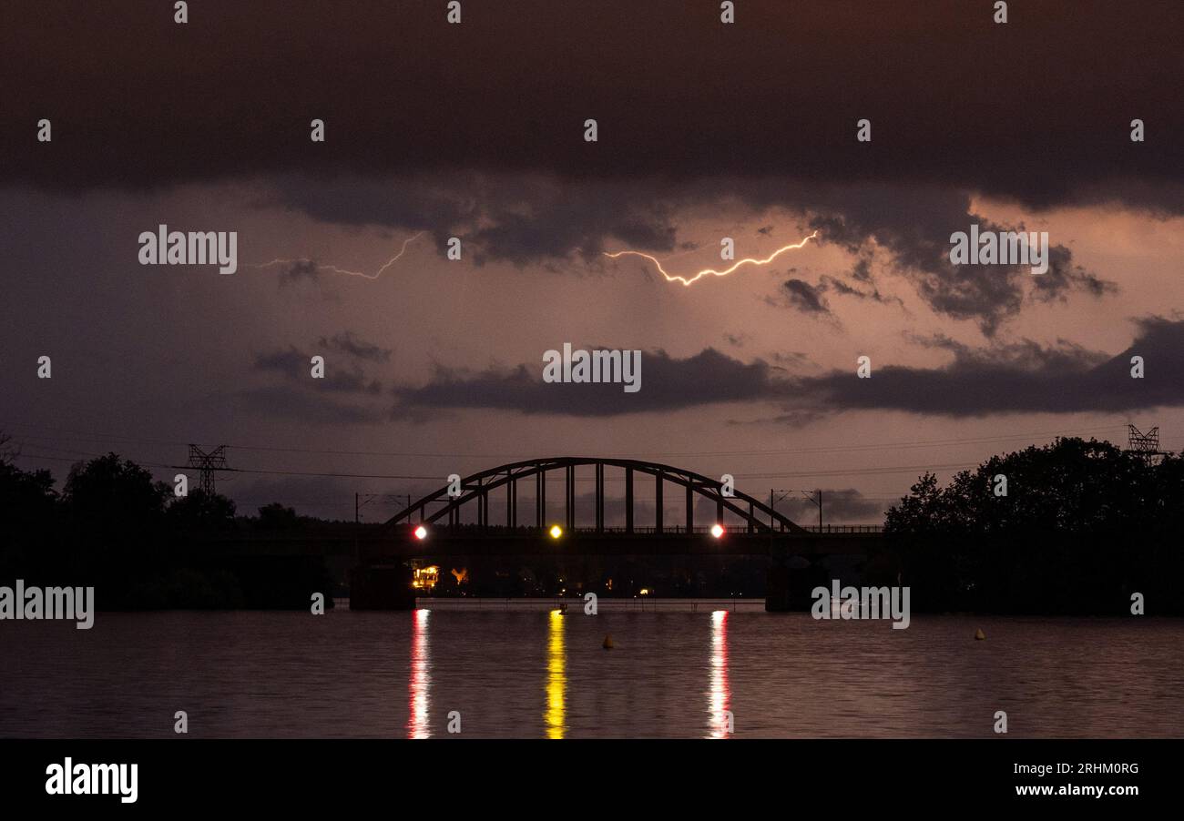 Potsdam, Germany. 17th Aug, 2023. Lightning discharges behind a ...