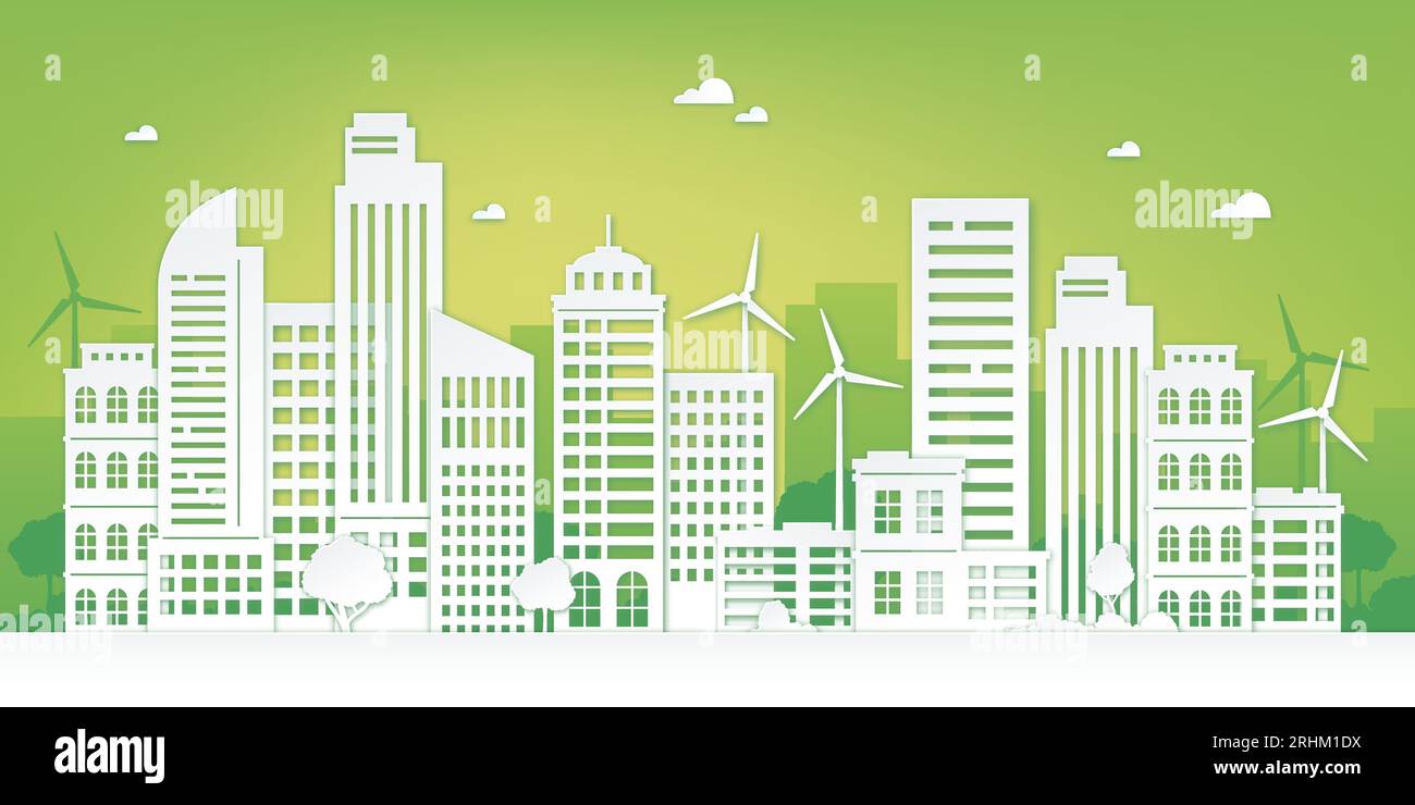 Paper cut eco city. Green urban landscape with skyscraper, trees and ...