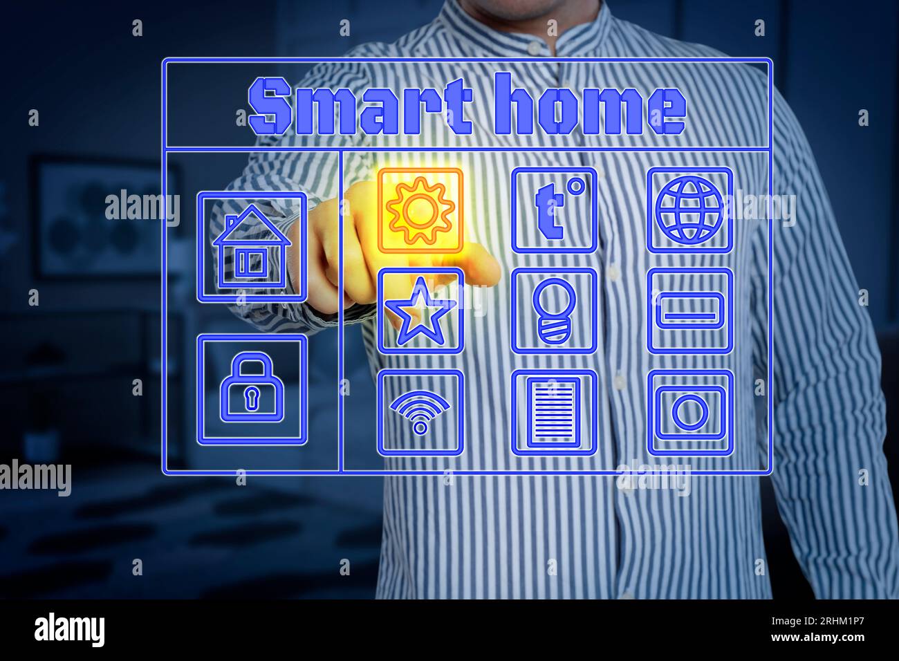 Smart home system. Man using digital interface in room, closeup Stock ...