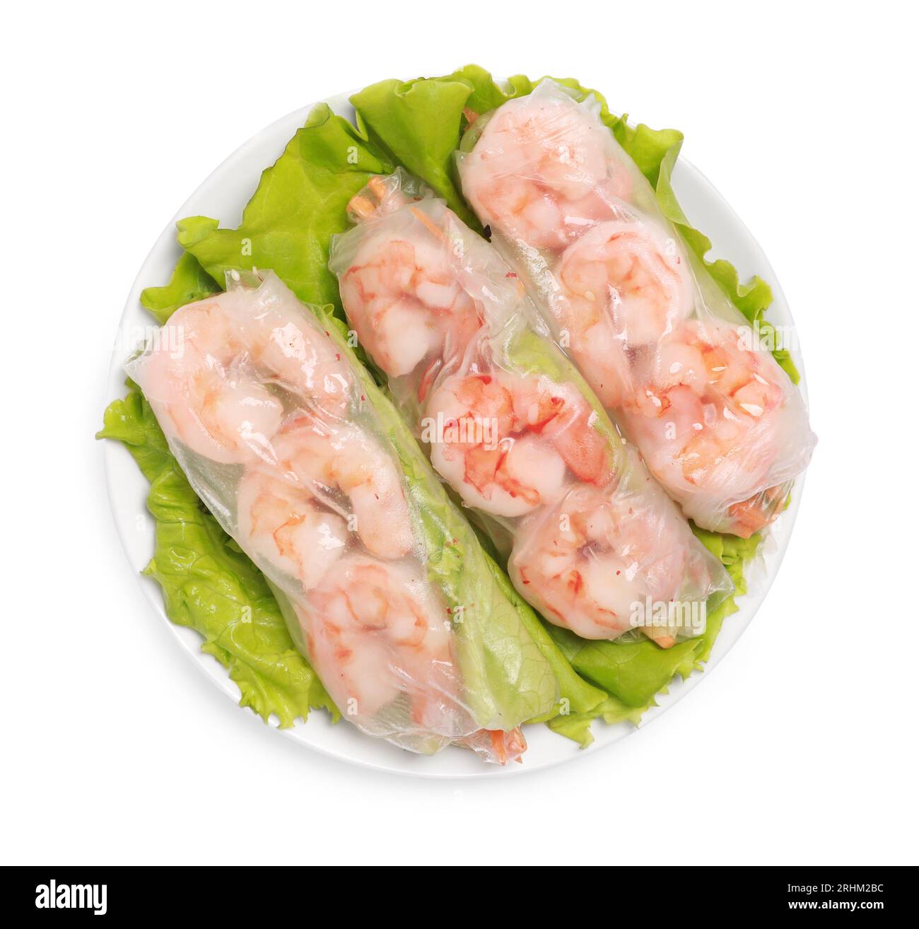 Tasty spring rolls served with lettuce on white background, top view ...