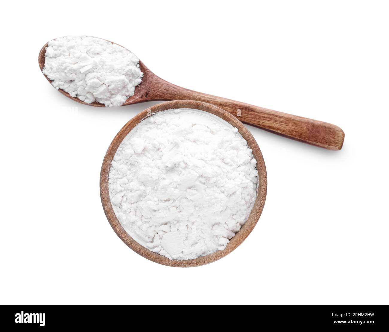Wooden bowl and spoon of natural starch isolated on white, top view ...