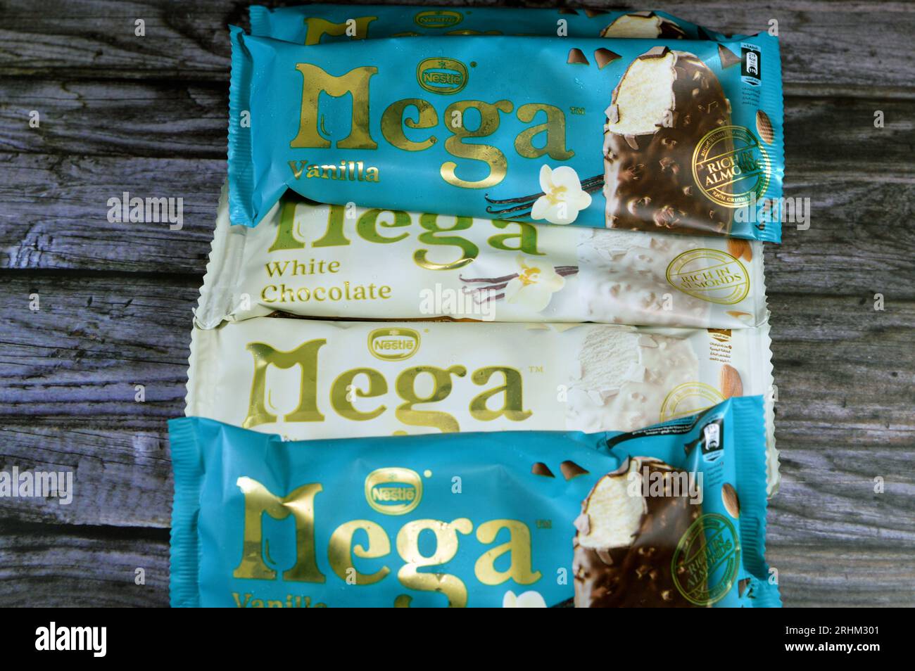 Cairo, Egypt, July 22 2023: Nestle Mega Vanilla almonds ice cream ...
